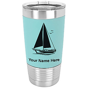 LaserGram 20oz Vacuum Insulated Tumbler Mug, Sailboat, Personalized Engraving Included (Silicone Grip, Teal)