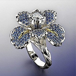 HSQYJ Fashion Crystal Flower Ring Elegant Rhinestone Cocktail Statement Rings Uniquely Stylish Fashion Creative Engagement Jewelry for Women Silver Plated