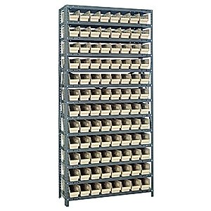 Quantum Storage Systems 1275-101IV Steel Shelving Unit with 4" Shelf Bins, 12" D x 36" W x 75" H, Ivory