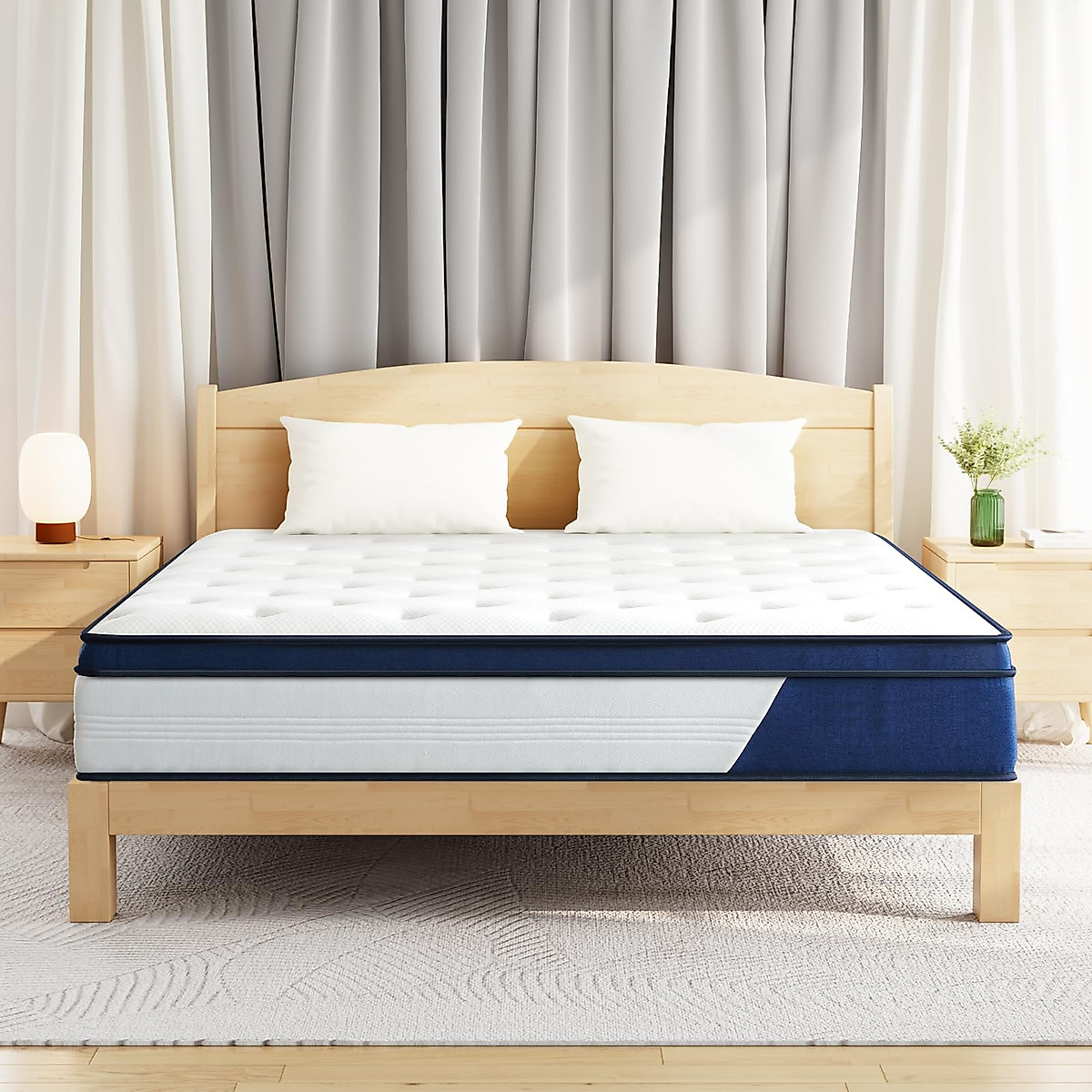 Generic Queen Size Mattress 14 inch Memory Foam Hybrid Mattress Fiberglass Free Gel Memory Foam Mattress in a Box，Blue