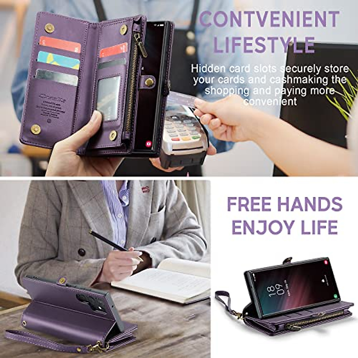 ASAPDOS Samsung Galaxy S23 Ultra Case Wallet,Retro Suede PU Leather Strap Wristlet Flip Case with Magnetic Closure,[RFID Blocking] Card Holder and Kickstand for Men Women Purple
