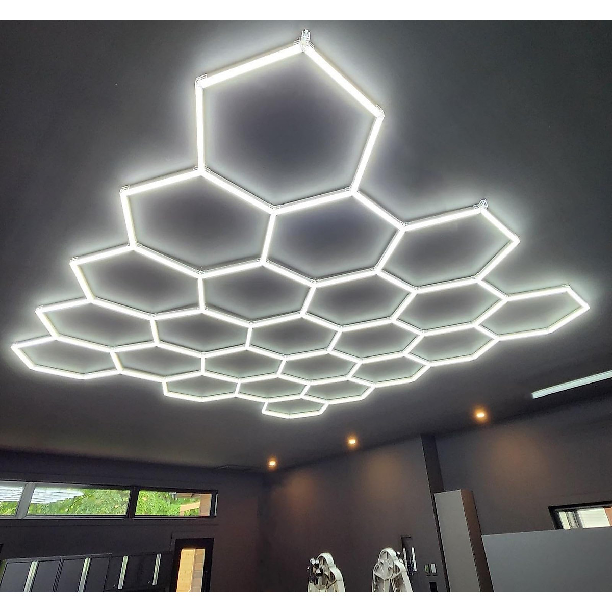SENKOYU Hexagon Led Garage Light,23 Grid Systems Led Shop Lights for Garage/Workshop/Car Detailing Shop with White Border, 6500K,60720LM,530W, IP54 2 Year Warranty AC 100-240V(13'5'' x 12'5'')