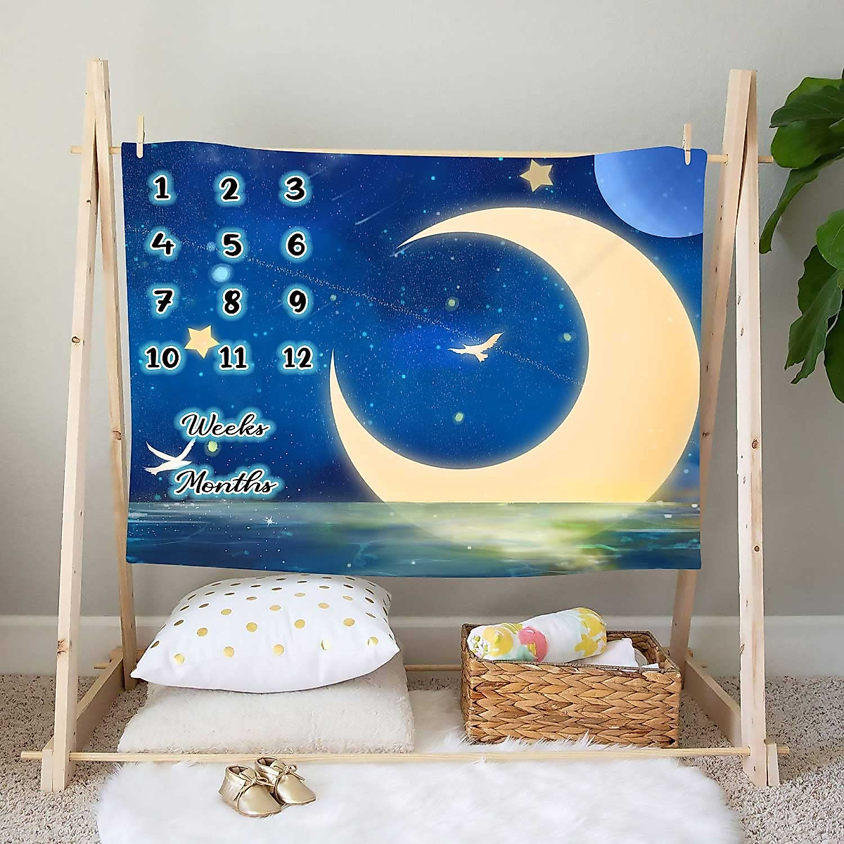 KIKIDOR Dreamy Moon Theme Baby Monthly Milestone Blanket Fantasy Crescent Moon Starry Sky New Baby Photo Backdrop New Baby Gifts for Baby Shower Newborn Growth Chart Flag Blanket 48x40inch BTZYKI98