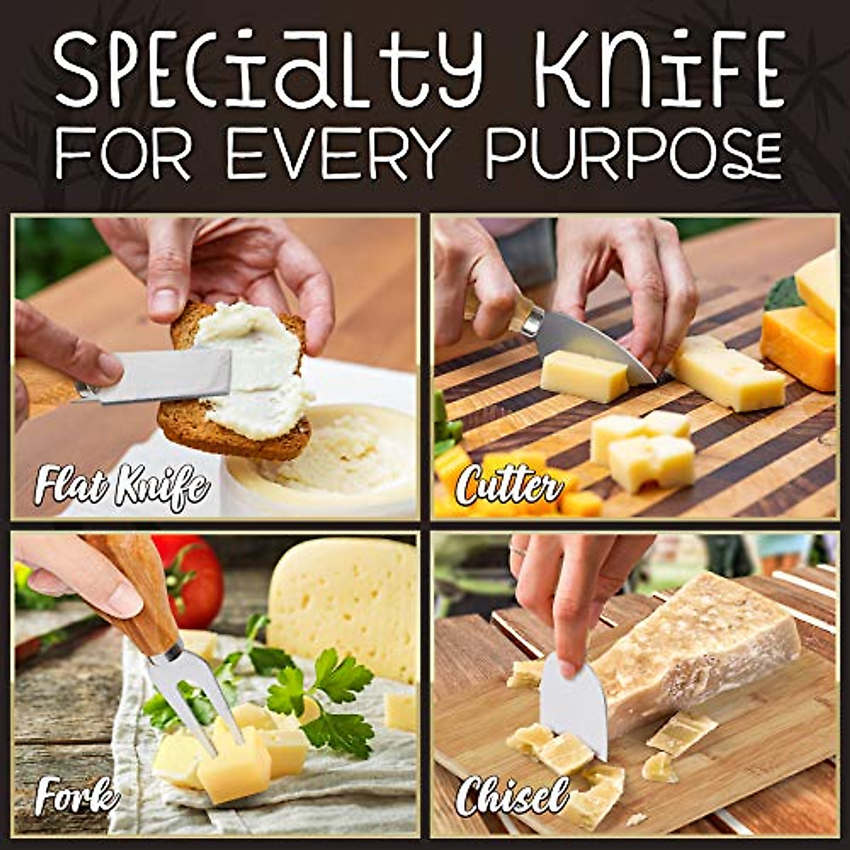 NutriChef Bamboo Natural Cheese Board Set with Bonus Condiment Cup-Extra Large Size 100% Home Organic Wooden Plate and Charcuterie Tray with 4 pcs Cutting Knife Slicer, 13" Square