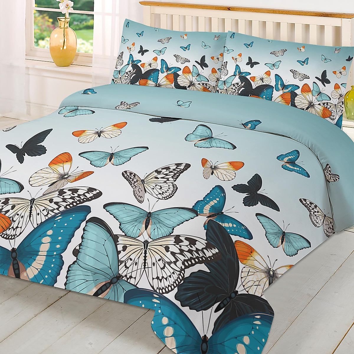 ALAGEO Butterfly Colorful Floral Duvet Cover Sets Country Style Bedding Sets 3 Pcs Soft Comforter Cover Set Including 1 Quilt Cover 2 Pillow Cases, King Size Comforter Cover Set with Zipper Closure