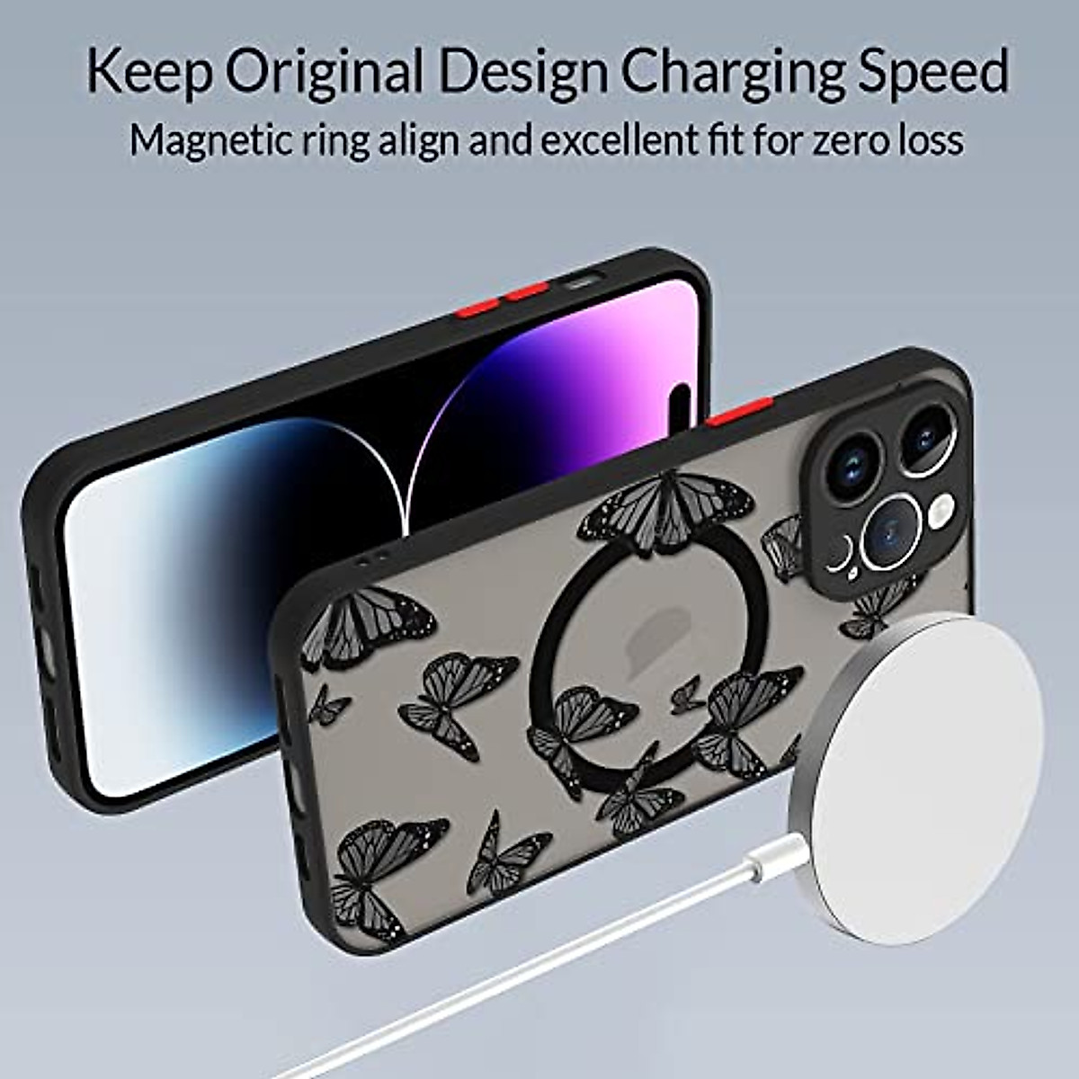 OOK Magnetic for iPhone 14 Pro Max Case [Compatible with MagSafe] Black Butterfly Slim Translucent Matte Case for iPhone 14 pro max Case, Black Butterfly (6.7")
