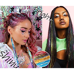 Hair Tinsel Kit 12 Colors, 2500 Strands 48 Inches Sparkling Tinsel Hair Extensions with Tool, Fairy Hair Tinsel for Birthday Halloween Christmas New Year Party