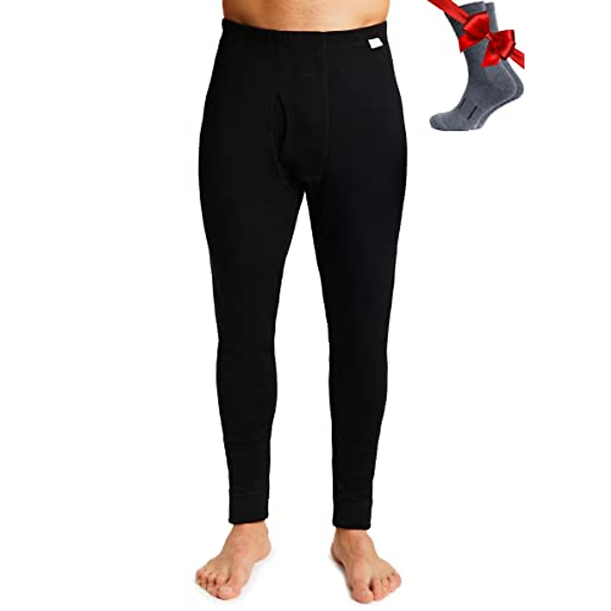 Merino Wool Men's Base Layer Pants — 100% Organic Wool Midweight Thermal Pants + Hiking Wool Socks (Medium, Black 250)