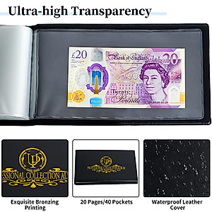 40 Pockets Banknote Currency Collecting Album - 20 Sheets Clear Dollar Bill Holders World Money Storage Book Collection Supplies Double-Sided Pages for Trading Cards Stamps Tickets Black AN04BK