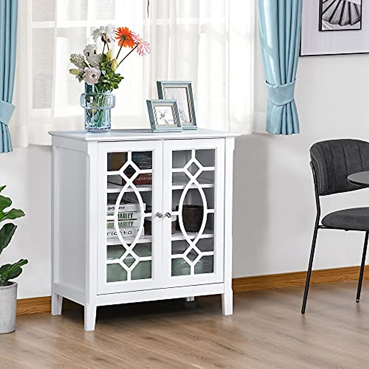 HOMCOM Sideboard Buffet Cabinet, Kitchen Storage Cabinet, Double Glass Door Accent Cabinet with Adjustable Shelves for Entryway, Living Room, White