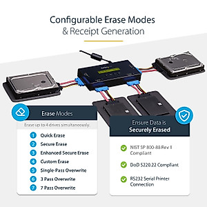 StarTech.com 4 Bay SSD/HDD Hard Drive Eraser, 2.5/3.5" SATA, Hostless Standalone Secure Erase, Disk Sanitizer, Hardware Wiper Erasing Tool, 9 Modes, RS232 Printer Port, NIST/DOD, LCD, TAA (SATERASER4)