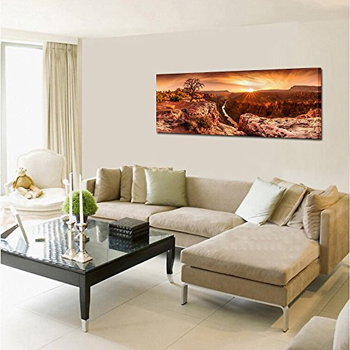 Kreative Arts Large Canvas Wall Art Beautiful Landscape of Grand Canyon National Park Arizona USA Panoramic Sunset Moment Pictures Modern Home Decor Stretched and Framed Ready to Hang 55x20inch