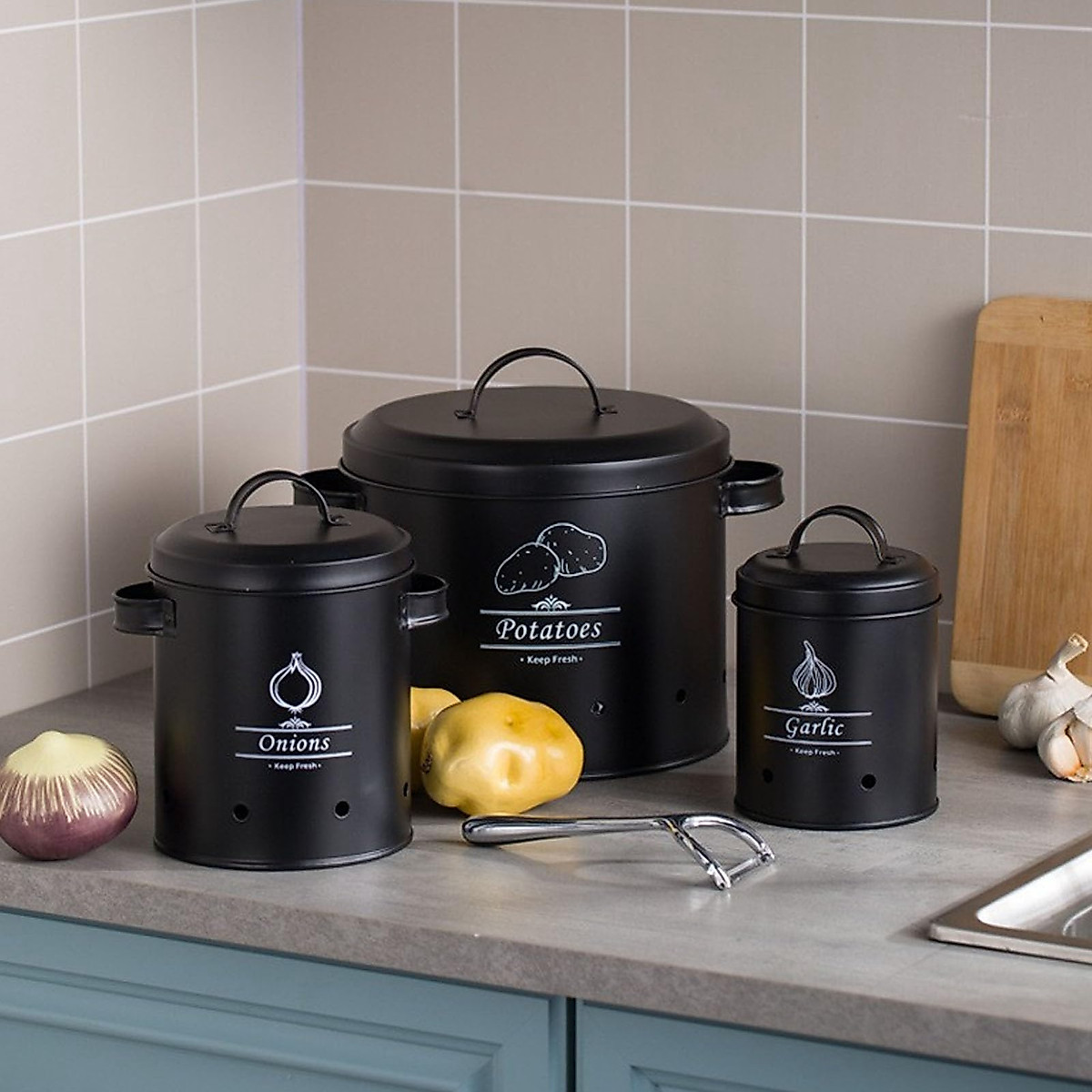 3Pcs Potato and Onion Storage Bin Set, Kitchen Vegetable Storage Tins, Onion Storage Garlic Keeper, Carbon Steel Farmhouse Potatoes Holder for Potatoes, Onions (Black)