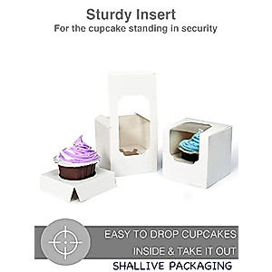 Shallive 100 Pcs Individual Cupcake Box White with Insert, 3.5" Treat Boxes with Window Bulk for Hot Cocoa Bombs and Cookies, Pre-Assembled for Easter Wedding Birthday Baby Shower Party