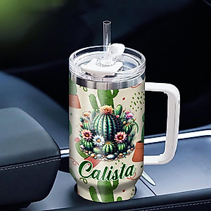 WAZONE Personalized Cactus Stainless Steel Tumbler Cup 40oz Custom Name Inspiration Travel Mugs Tumblers Flower Floral Cacti Plant Lovers Gifts for Women Gardeners Gardening