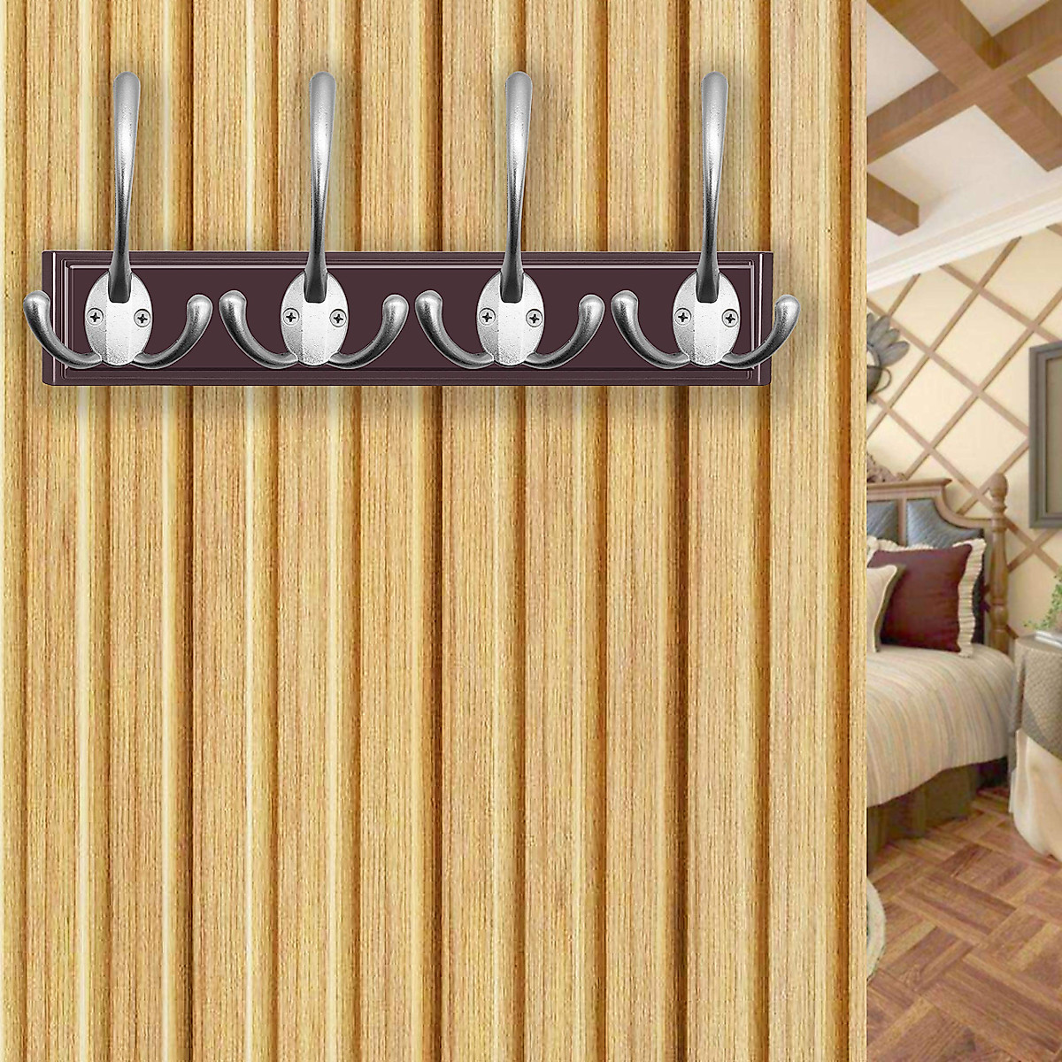 IBosins 6 Pack Big Heavy Duty Three Prongs Coat Hooks Wall Mounted with 24 Screws (Two Types of Screws Included) Retro Double Utility Rustic Hooks for Thick Coat, Big Heavy Bags (Matte Nickel)