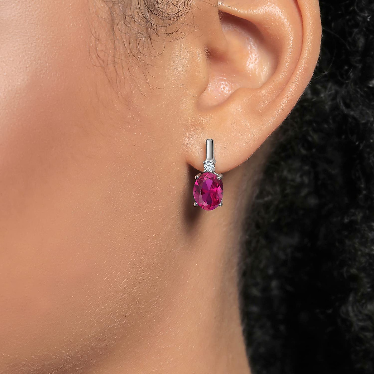 Gem Stone King 925 Sterling Silver Red Created Ruby and White Zirconia Earrings For Women (4.09 Cttw, Gemstone July Birthstone, Oval 9X7MM)