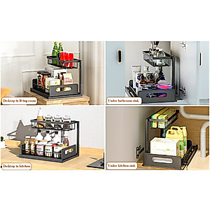 Under Sink Organizers and Storage Pull Out Cabinet Organizer and Storage Metal 2 Tier Under Sink Drawer Organizer Bottom Drawer Slide Out Under Sink Storage Shelf For Kitchen Bathroom, Black