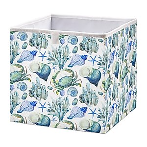 Emelivor Coral Shell Crab Cube Storage Bin Collapsible Storage Bins Waterproof Toy Basket for Cube Organizer Bins for Kids Girls Boys Toys Book Office Home Shelf Closet - 15.75x10.63x6.96 IN