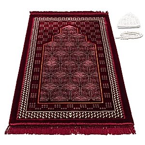 Modefa Turkish Islamic Prayer Rug - Comfortable Muslim Praying Mat for Men & Women - Soft Velvet Janamaz Praying Carpet - Ramadan or Eid Gift - with Kufi & Beads - Lux Plush Geometric Mihrab (Red)