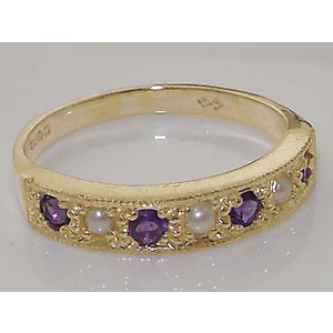 LetsBuyGold Solid 10k .417 Yellow Gold Cultured Pearl and Amethyst Womens Band Ring - Sizes 4 to 12 Available