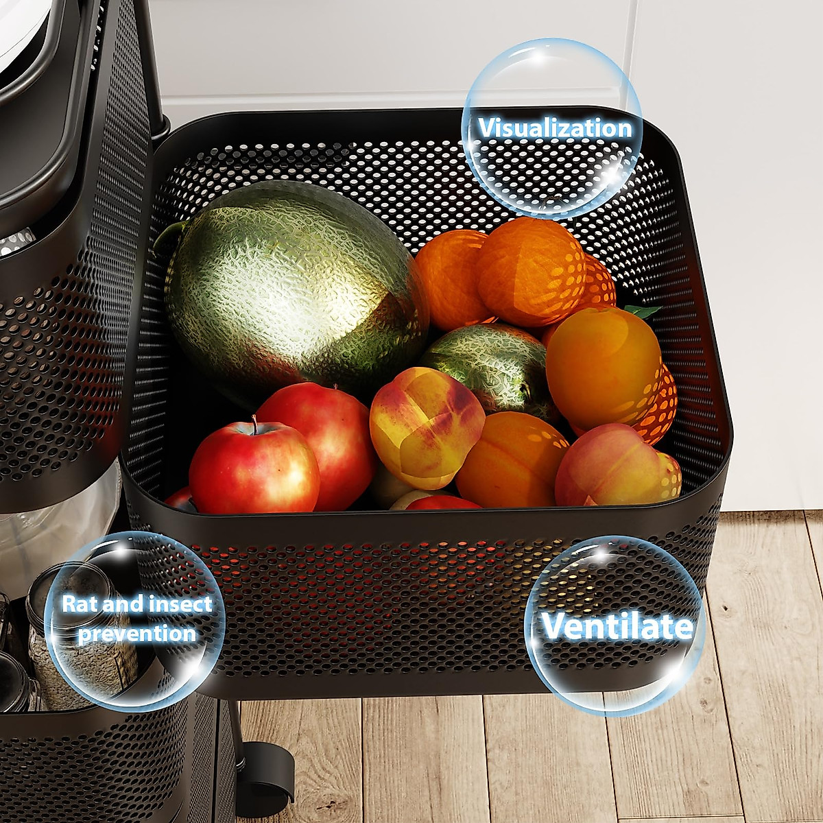 clinmday Rotating Storage Rack for Kitchen, 5-Tier Multi Layer Removable Basket Shelf Organizer on Rolling Wheels Rolling Shelf for Fruit Vegetable Grocery Corns Potato Onion (5-Tier, Black) Black 5-