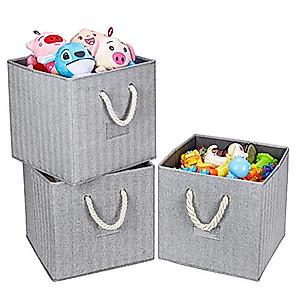Robuy Cube Storage Bins,Grey Fabric Foldable Storage Bins,Set of 3 Stroage Boxes with Cotton Rope Handles for Organizer Home,Office, Nursery 13x13x13 inch