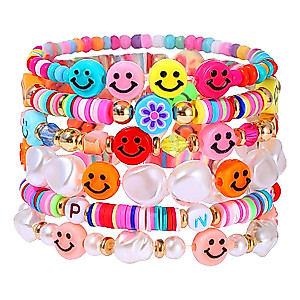 HZEYN Beaded Bracelet Set Stack Colorful Happy Face Pearl Heishi Beaded Stretchy Bracelet Summer Beach Bracelet Jewelry (Colorful-6pcs)