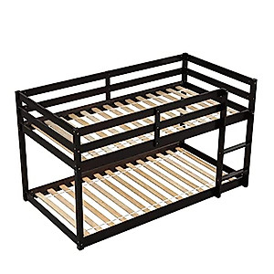 HomSof Twin Floor Bunk Bed, Twin Over Twin, Espresso