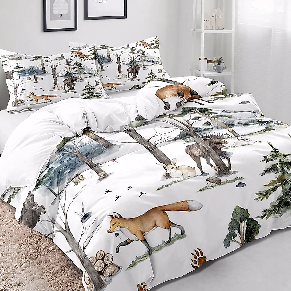 VIVIHOME 2PCS Woodland Animals Duvet Cover Set, Twin Bedding Sets, White Duvet Cover, Wildlife Rabbit Fox Deer Elk Moose Bear Camping Hunting Lodge Cabin Country Rustic Farmhouse Bedding, 1 Pillowcase