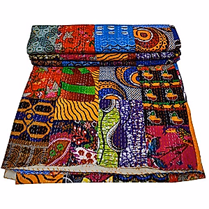 Maviss Homes Beautiful Indian Traditional Patchwork Super Soft Cotton Double Kantha Quilt | Throw Blanket Bedspreads | Cozy Blanket Quilt | Easy Machine Washable and Dryable; Multicolour