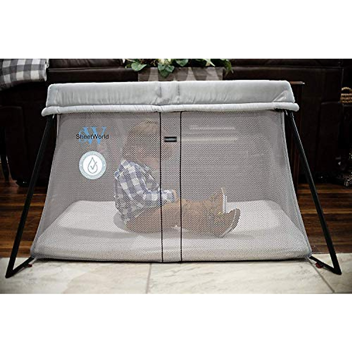 SheetWorld Fitted 100% Cotton Percale Play Yard Sheet Fits BabyBjorn Travel Crib Light 24 x 42, Grey Floral Stems, Made in USA