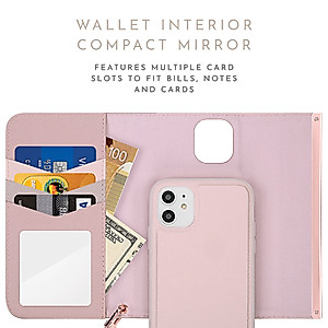 HABITU [Folio Collection 2022] Eris Tri-Fold Pink Wallet Case for iPhone 12/12 Pro, Detachable Vegan Leather Magnetic Folio with Card Pockets, Mirror & Strap for Women, Pink Eris