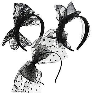 Hicarer 3 Pieces 80's Black Lace Headband with Bow 80s Theme Costumes Party Accessories Neon Lace Bow Headband for Women(Black)