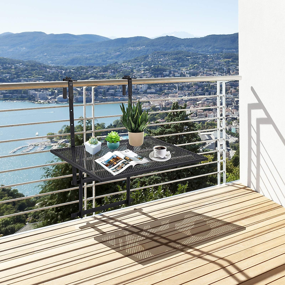 Tangkula Outdoor Folding Hanging Table, 5 Height Adjustable & Foldable Space Saving Railing Serving Table, Width from 1.5 inch to 4 inches, Suitable for Patio, Balcony and Deck