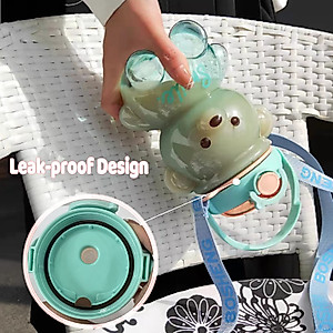 Cute Water Bottle 35OZ Kawaii Water Bottles with Straw and Shoulder Strap for School Camping Sports Travel, Leak-proof Girls Drinking Water Jug