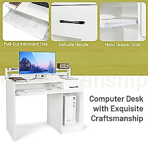 Tangkula White Computer Desk with Drawer & Keyboard Tray, 22 Inch Wide Modern Study Writing Desk with Desktop Hutch & Storage Shelves for Kids, Wood PC Laptop Desk, Desk for Bedroom