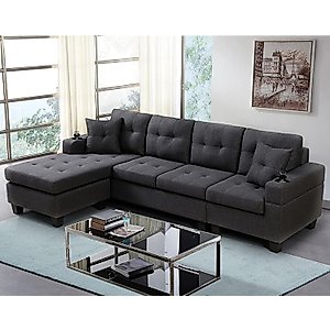 Morhome Upholstered Reversible Sofa,Modern L Shaped Couch with Left Or Right Hand Chaise and Cup Holder for Living Room Small Space