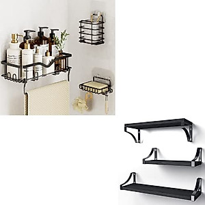 AMADA HOMEFURNISHING Stainless Steel Shower Organizer with Strong Adhesive + Floating Shelves Wall Mounted Set of 3