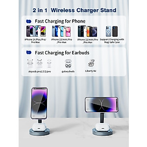 2 in 1 Foldable Magnetic Wireless Charger, 15W Fast Charging Mag-Safe Charger Stand for iPhone 15/14/13/12 Series, Portable Wireless Charging Station for AirPods 3/Pro/2 (with QC3.0 Adapter)