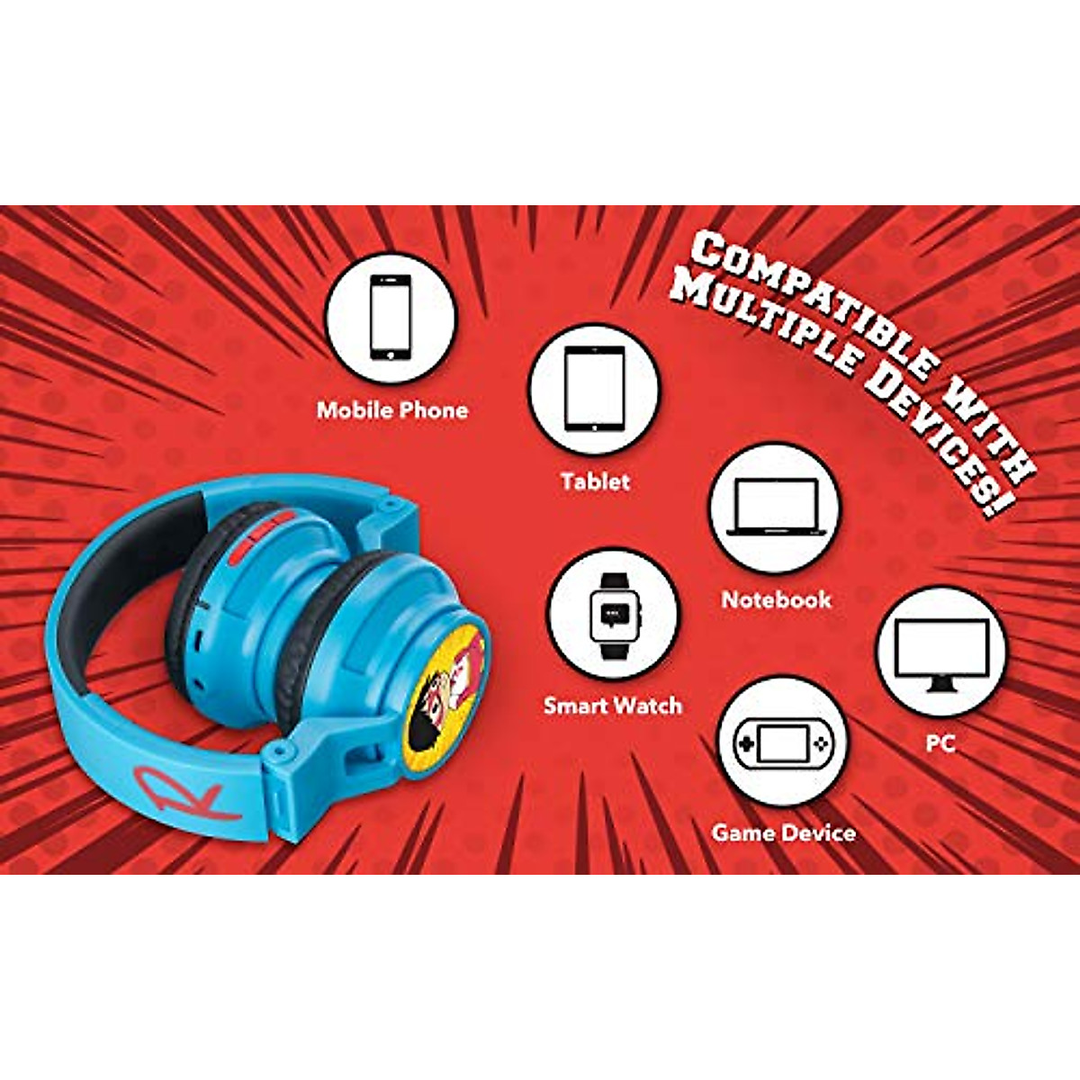 eKids Ryans World Kids Bluetooth Headphones, Wireless Headphones with Microphone Includes Aux Cord, Volume Reduced Kids Foldable Headphones for School, Home, or Travel