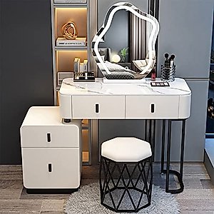 PUREUV Vanity Mirror with Lights Desk and Chair,Modern LED Touch Light,Makeup Desk with Storage Drawers,Vanity Makeup Storage Cushioned Stool for Women Bedroom (Color : Black, Size : 100cm/39.4")