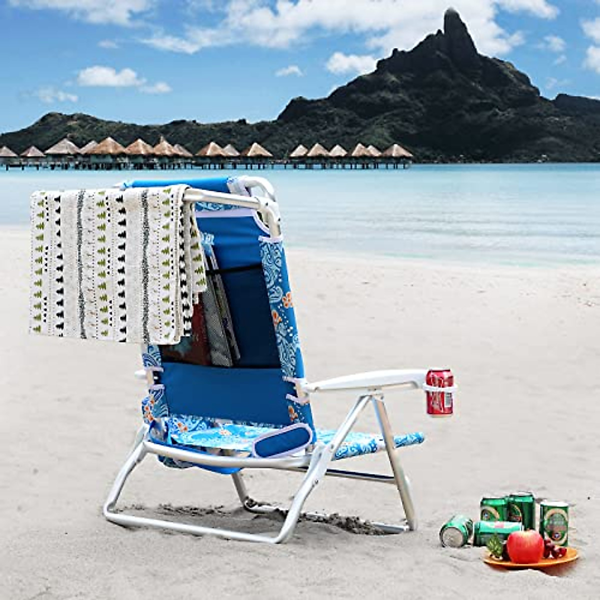 Old Bahama Bay Reclining Beach Chair Backpack 5-Position Lay Flat Lounge Chair for Adults Heavy Duty Portable Folding Lightweight with Cooler Bag Camping Chair for Sand Outdoor Blue