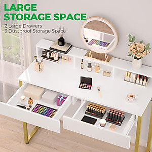 GreenForest Vanity Desk with 2 Drawers, White Makeup Desk with 3 Storage Spaces, 40 inch Small Desk with Gold Metal Legs, Modern Home Office Desk for Kids, Bedroom (No Mirror)