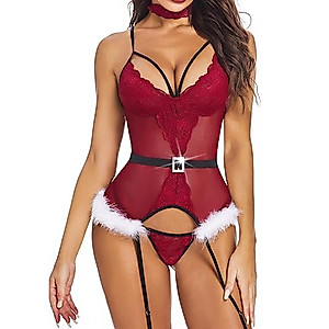 Avidlove Christmas Lingerie for Women Lace Bodysuit Lingerie Set Corset Lingerie Boudoir Outfits M Dark Red (No Stockings)