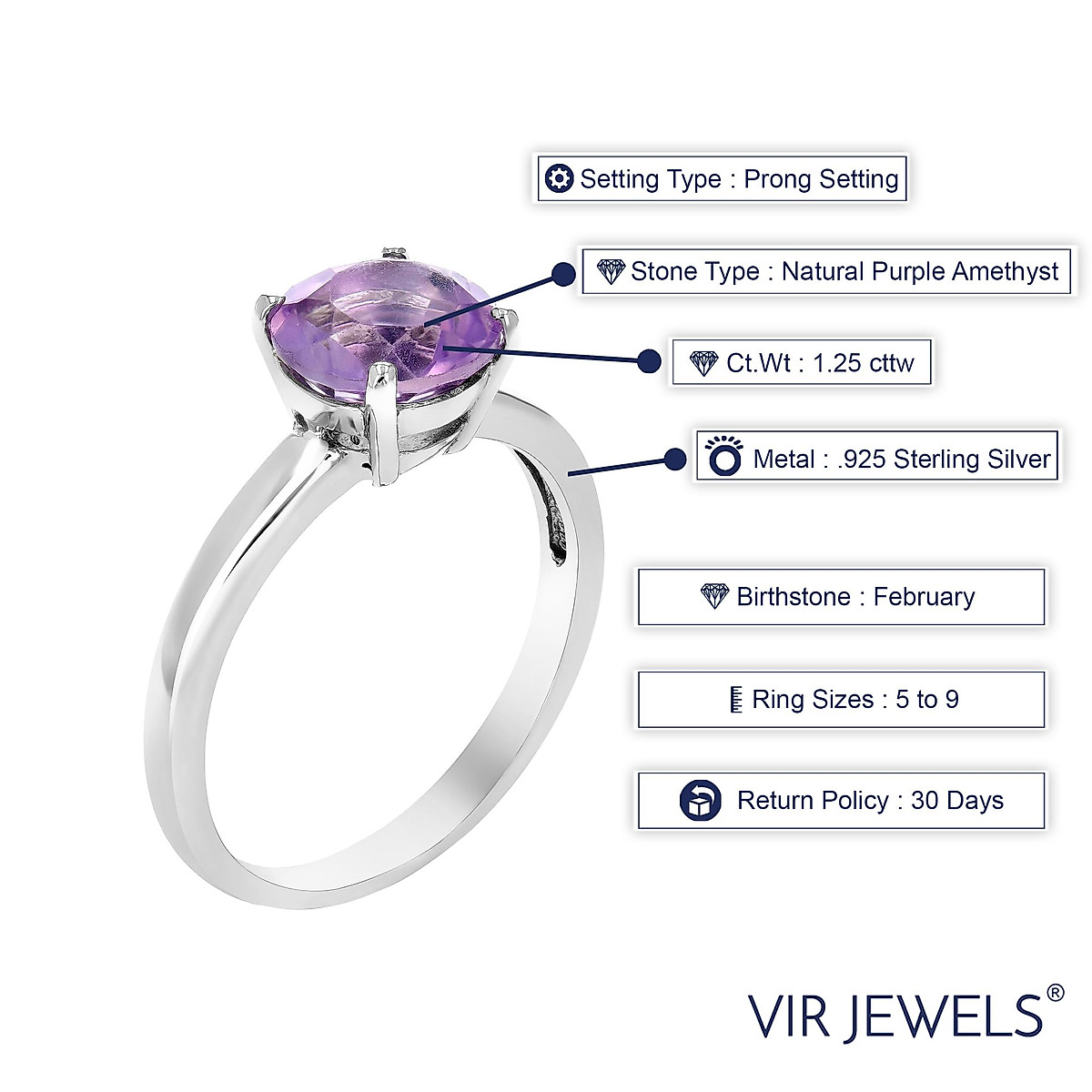 VIR JEWELS 1.25 cttw Purple Amethyst Ring .925 Sterling Silver with Rhodium Round 8 MM Size 7