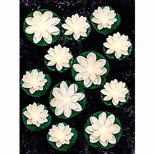 12 Pcs Floating Pool Lights Lotus Floating Lanterns LED Lifelike Floating Lamp Battery Operated Lily Pad Flower Candle Fun Pool Accessories for Pond Decor, Yellow Light (White, 3.94/5.91 Inch)