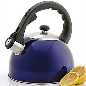 Creative Home Satin Splendor Stainless Steel Whistling Tea Kettle with Aluminum Capsulated Bottom for Even Heat Distribution, 2.8 Quart, Metallic Blue
