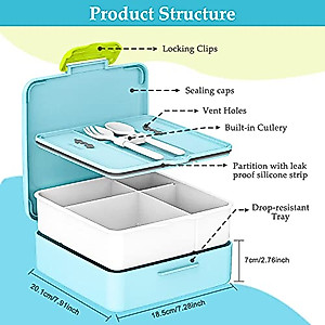 Bento Lunch Box Kids Children, Lunchbox with 4 compartments, Spoon, Fork and Fruit Picks, Blue Food Containers for Boys, Daycare/Travel/School, Leak-Proof, BPA-Free, Microwave/Dishwasher/Freezer Safe