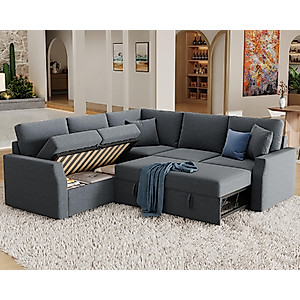 Jocisland Sofa Bed, 85 Inch Sleeper Sofa with Pull Out Bed & Storage Seat, Oversized L Shape Sectional Sofa for Living Room Apartment, Grey Linen Reversible Couch